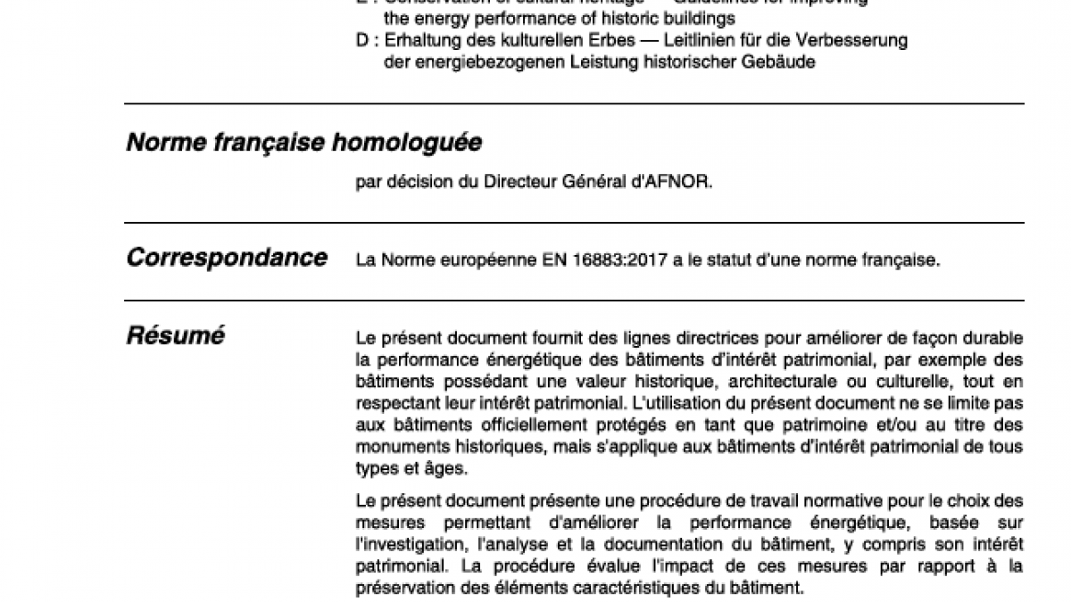 NF EN 16883:2017 : Conservation du patrimoine culturel. Principes ...